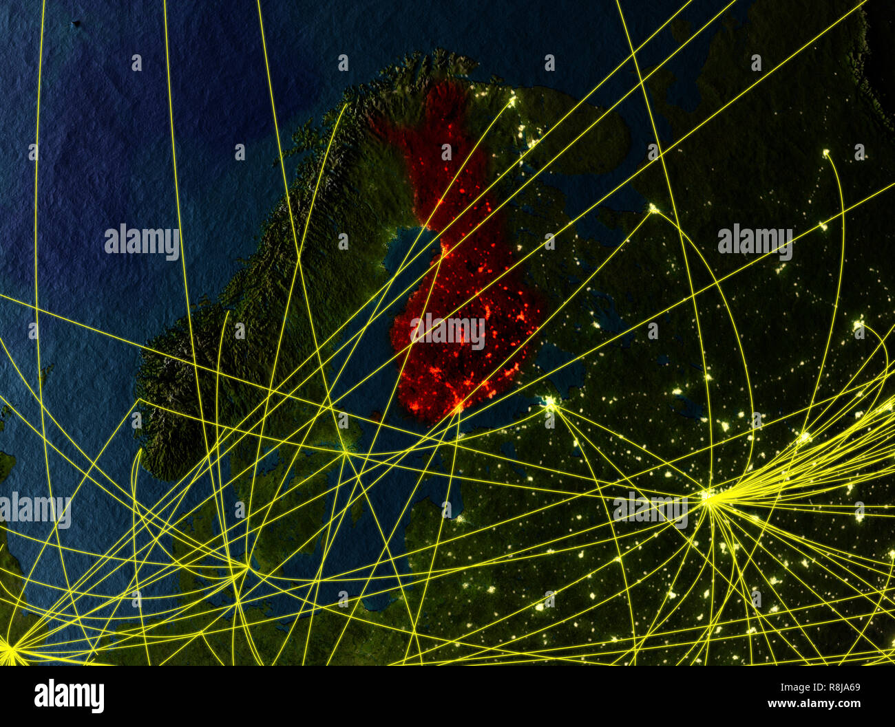 Finland from space on model of planet Earth with networks. Detailed ...