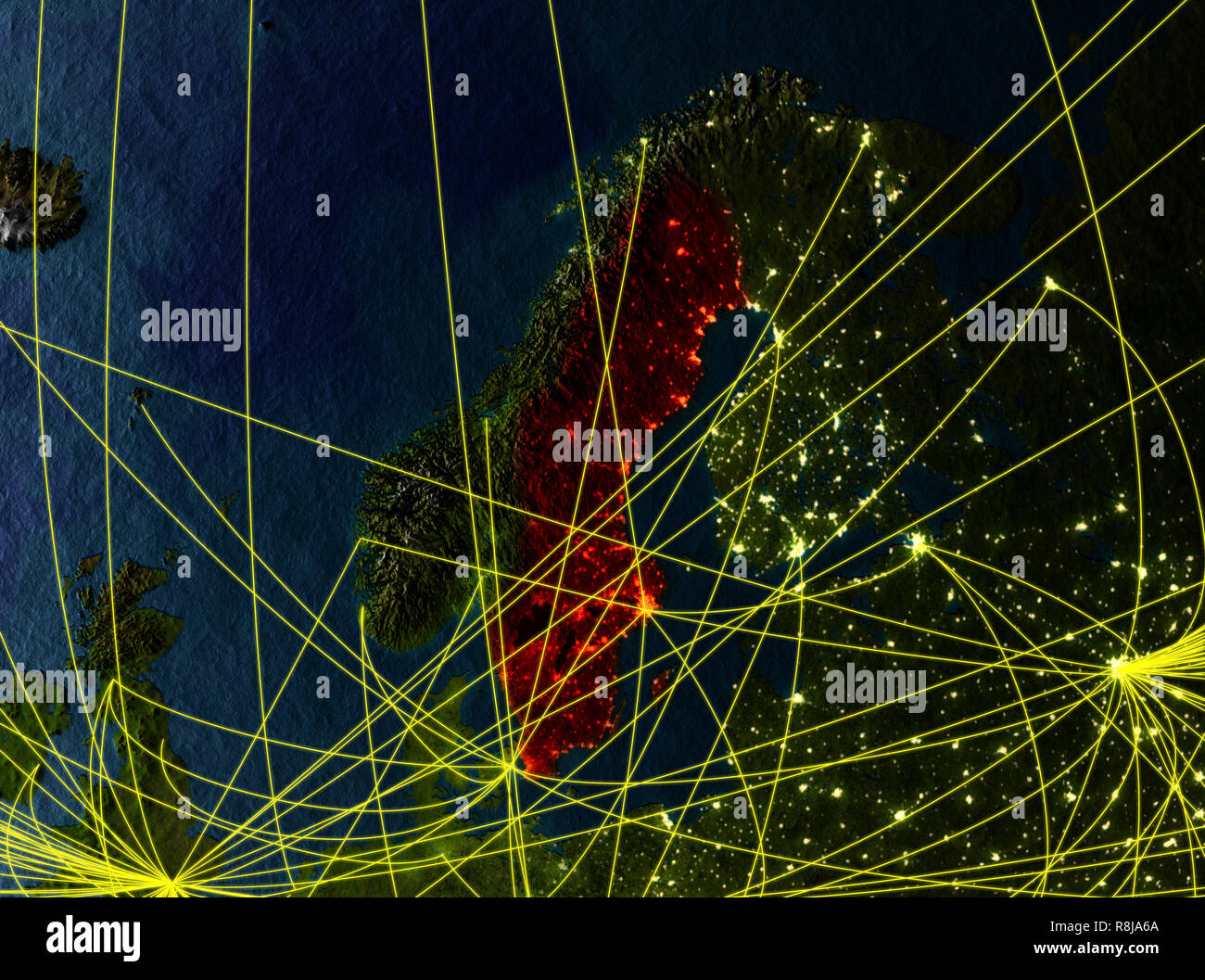 Sweden from space on model of planet Earth with networks. Detailed ...