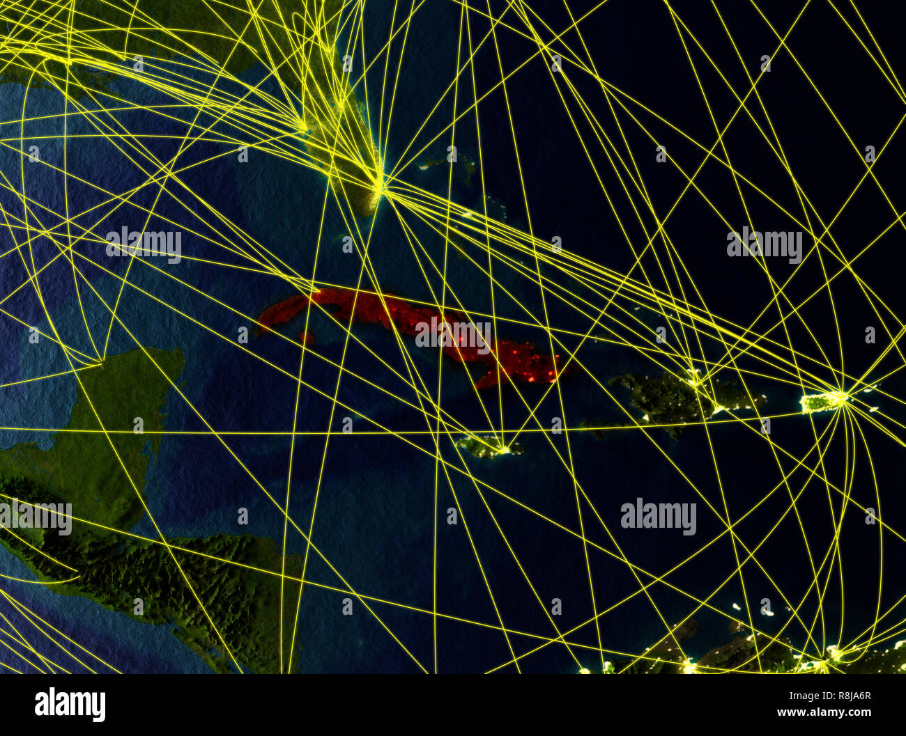 Cuba from space on model of planet Earth with networks. Detailed planet ...