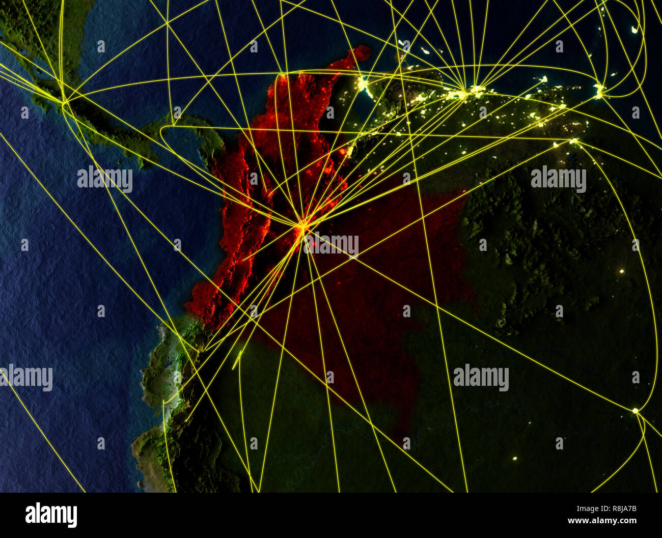 Colombia from space on model of planet Earth with networks. Detailed ...
