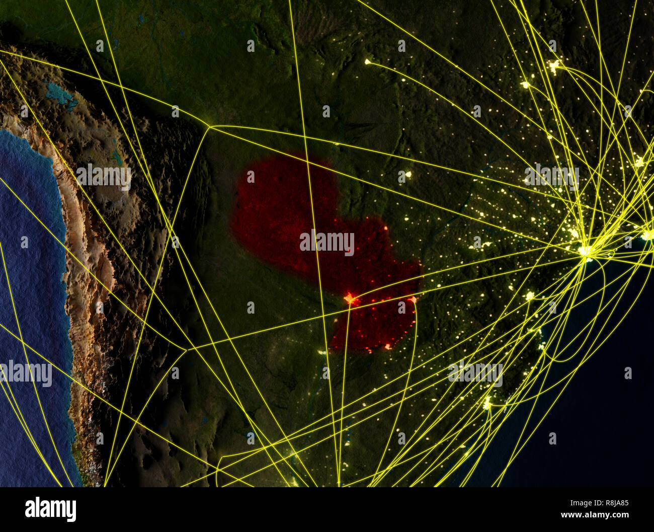 Paraguay from space on model of planet Earth with networks. Detailed ...