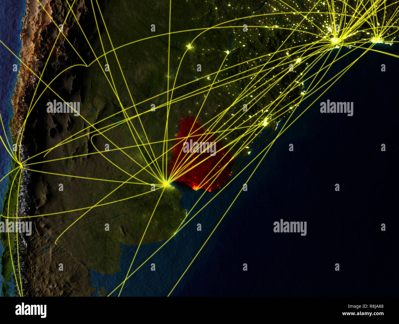 Uruguay from space on model of planet Earth with networks. Detailed ...
