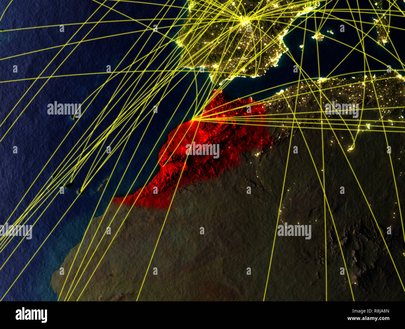 Morocco from space on model of planet Earth with networks. Detailed ...
