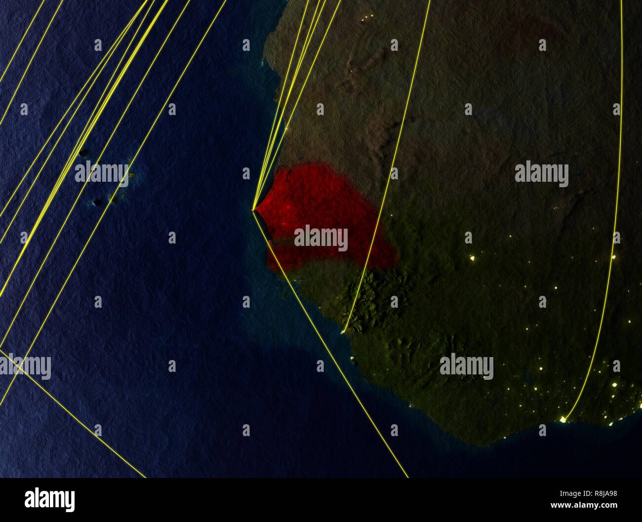 Senegal from space on model of planet Earth with networks. Detailed ...