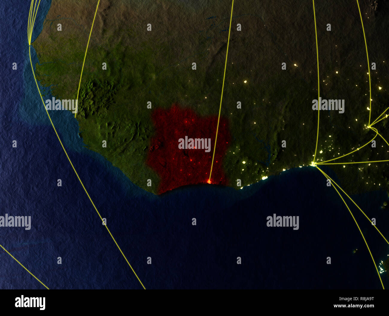 Ivory Coast from space on model of planet Earth with networks. Detailed ...