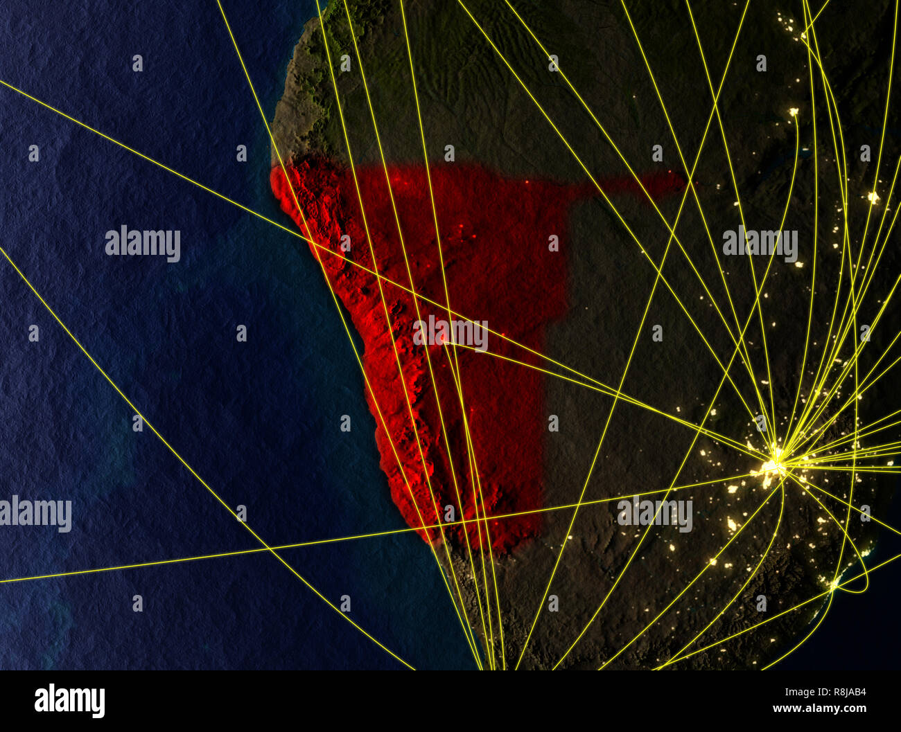 Namibia from space on model of planet Earth with networks. Detailed ...