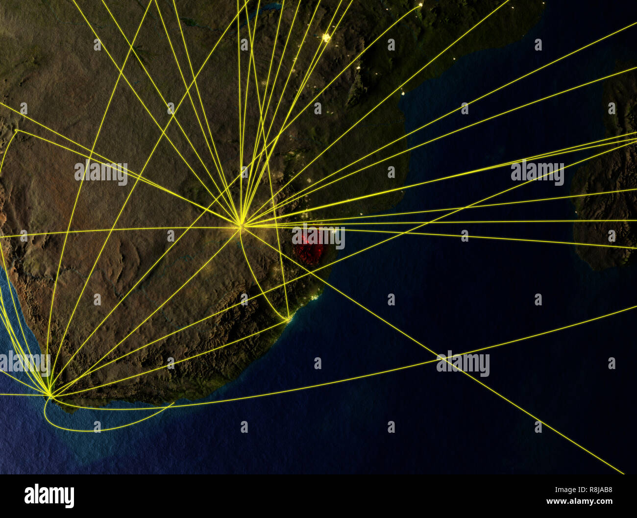 eSwatini from space on model of planet Earth with networks. Detailed ...