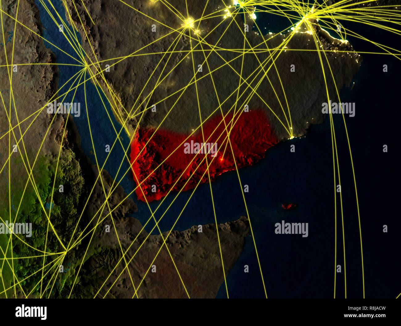 Yemen from space on model of planet Earth with networks. Detailed ...