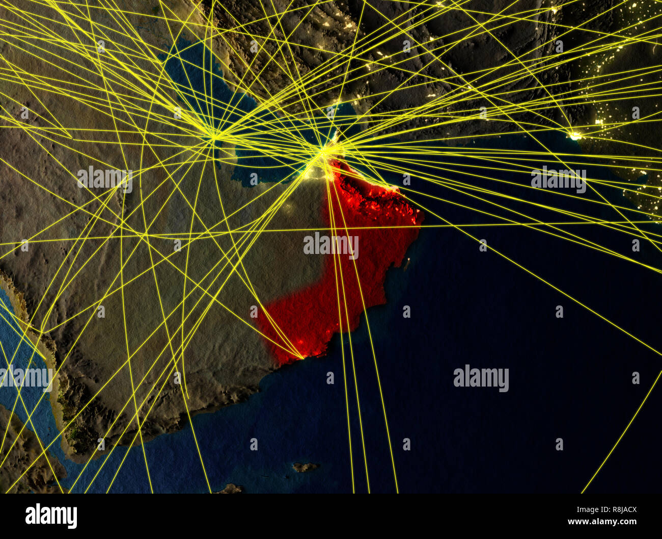 Oman from space on model of planet Earth with networks. Detailed planet ...