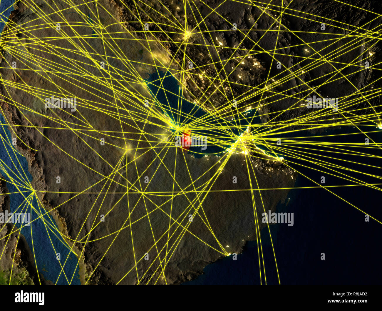 Qatar from space on model of planet Earth with networks. Detailed ...