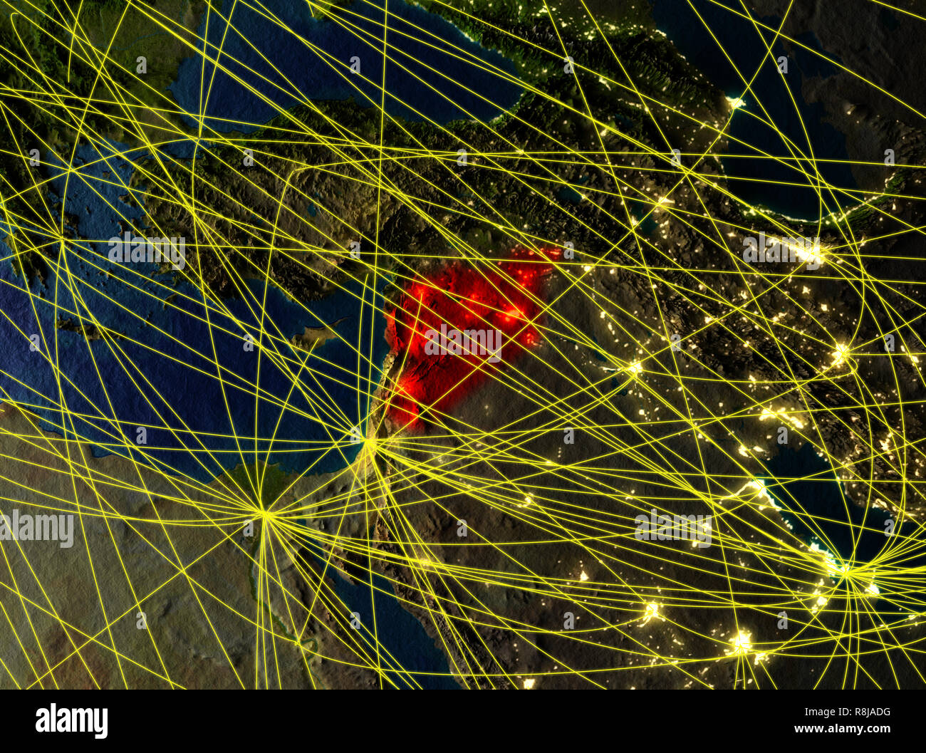 Syria from space on model of planet Earth with networks. Detailed ...
