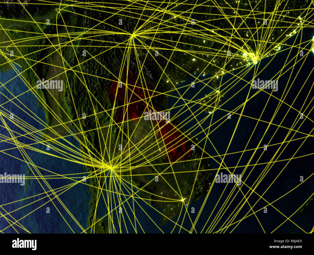 Laos from space on model of planet Earth with networks. Detailed planet ...
