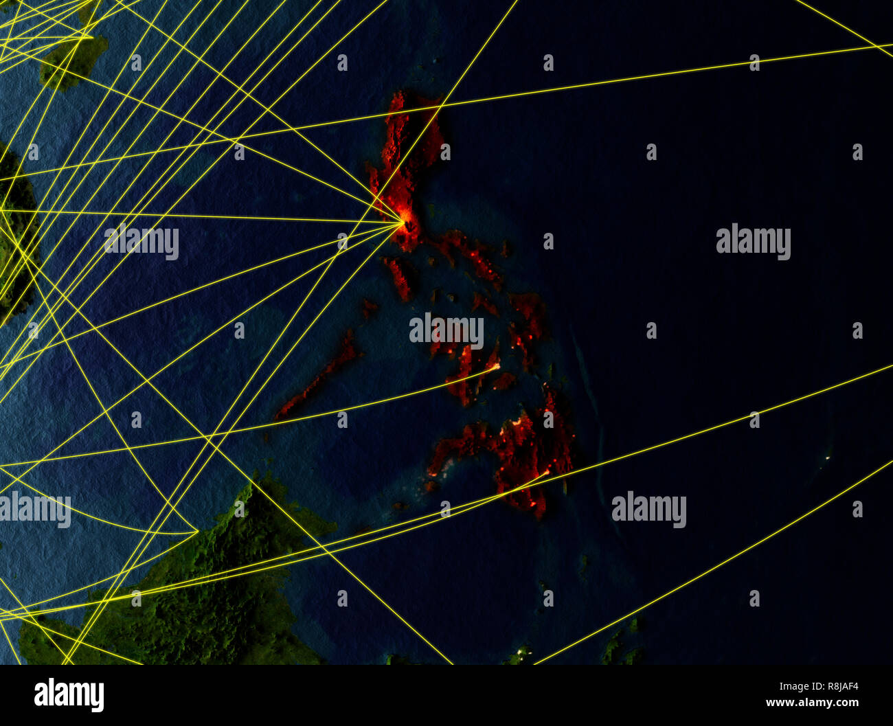 Philippines from space on model of planet Earth with networks. Detailed ...