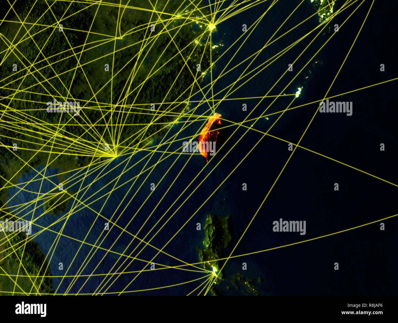 Taiwan from space on model of planet Earth with networks. Detailed ...