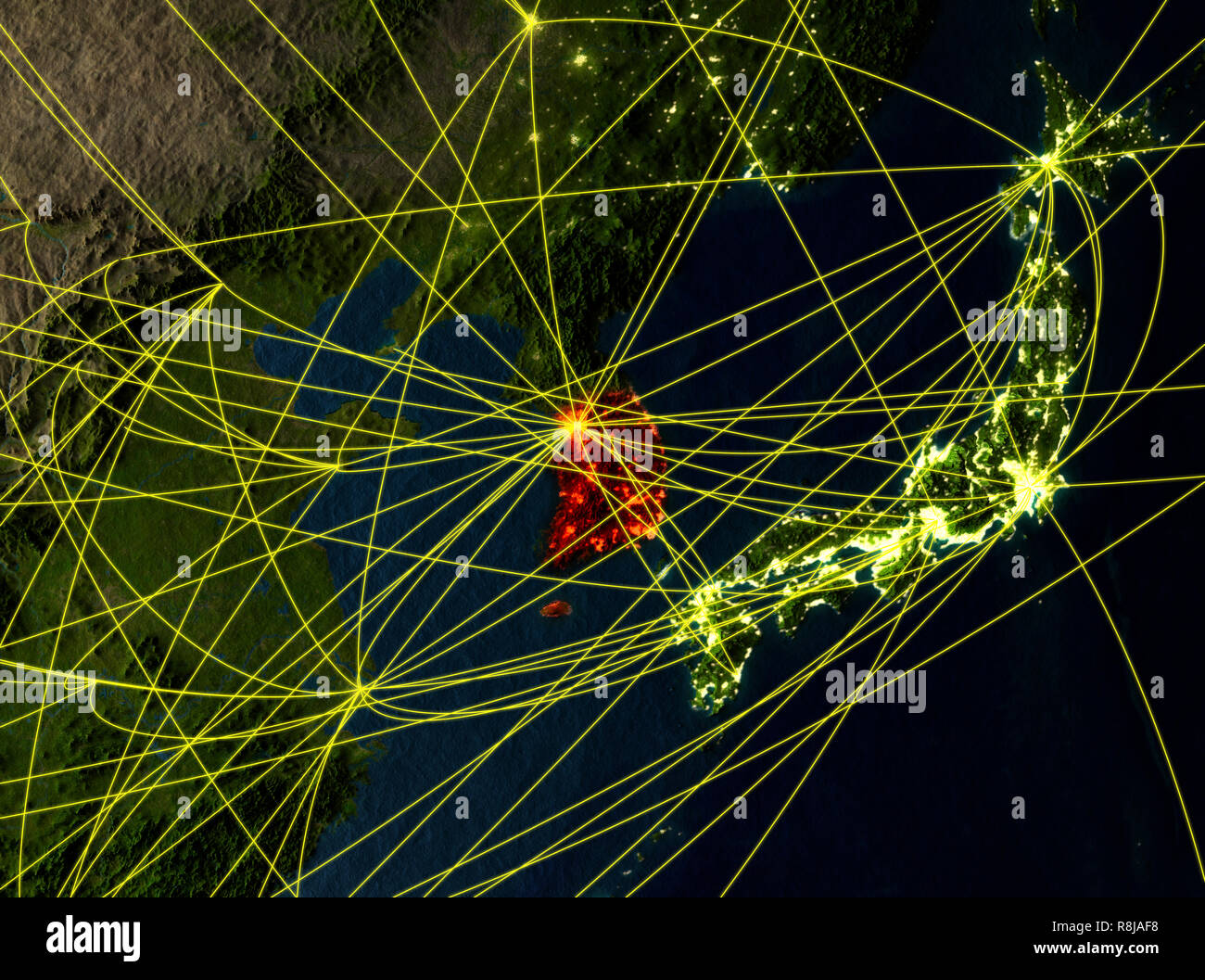 South Korea from space on model of planet Earth with networks. Detailed ...