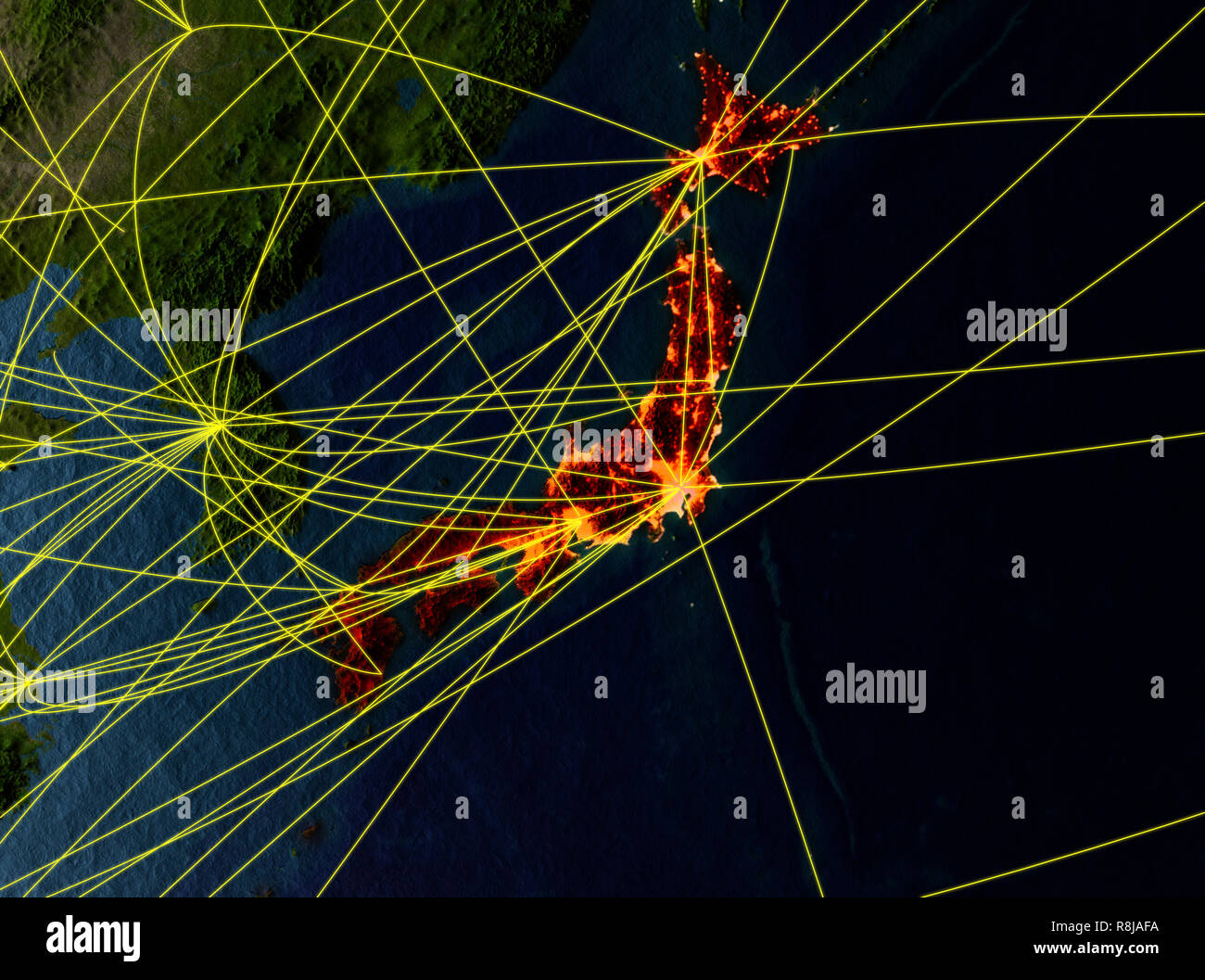 Japan from space on model of planet Earth with networks. Detailed ...