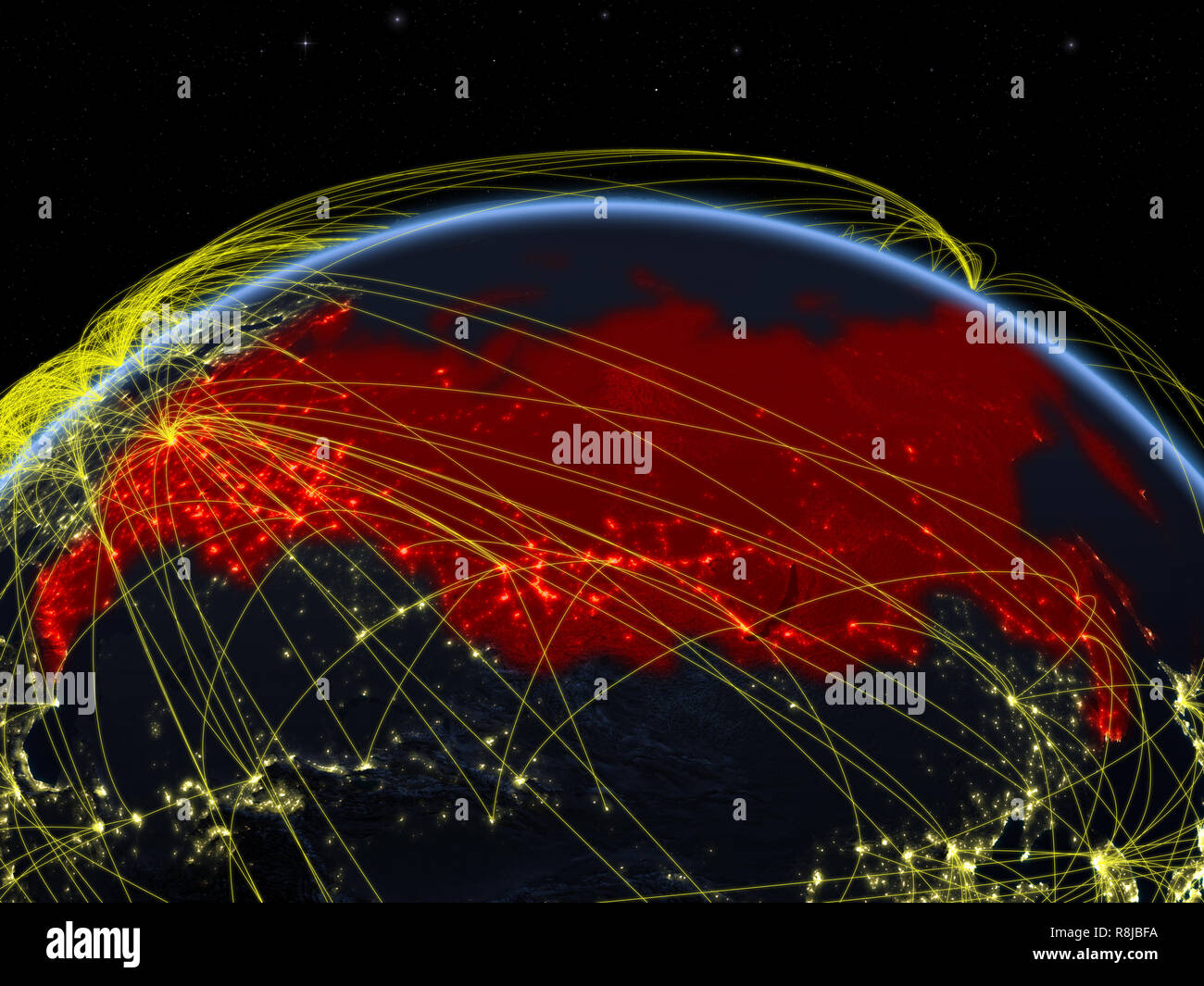 Russia on planet Earth at night with international network representing ...