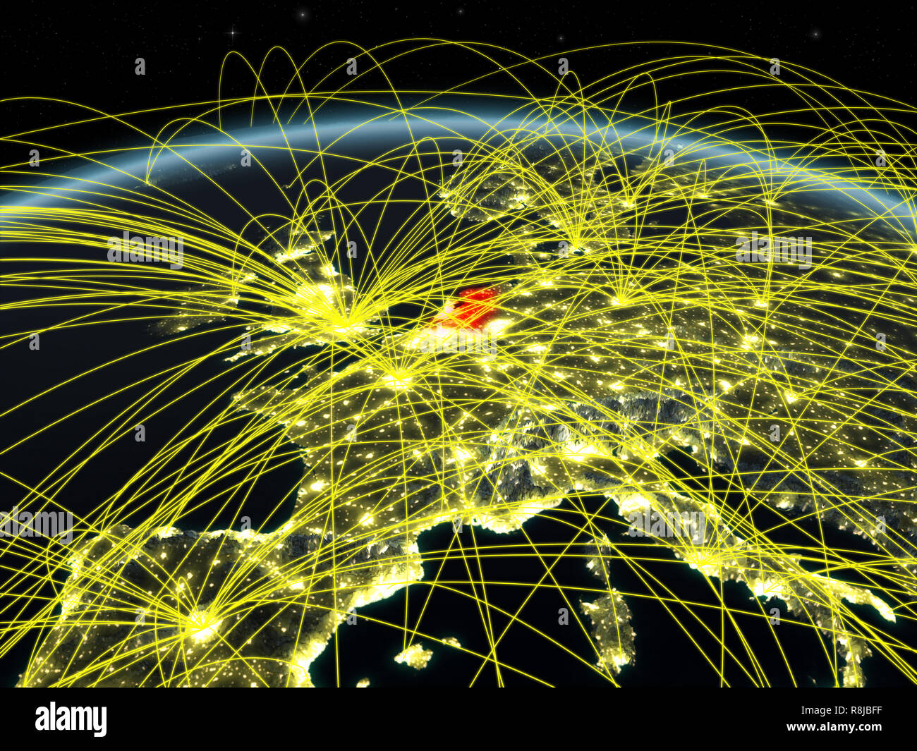 Netherlands on planet Earth at night with international network ...