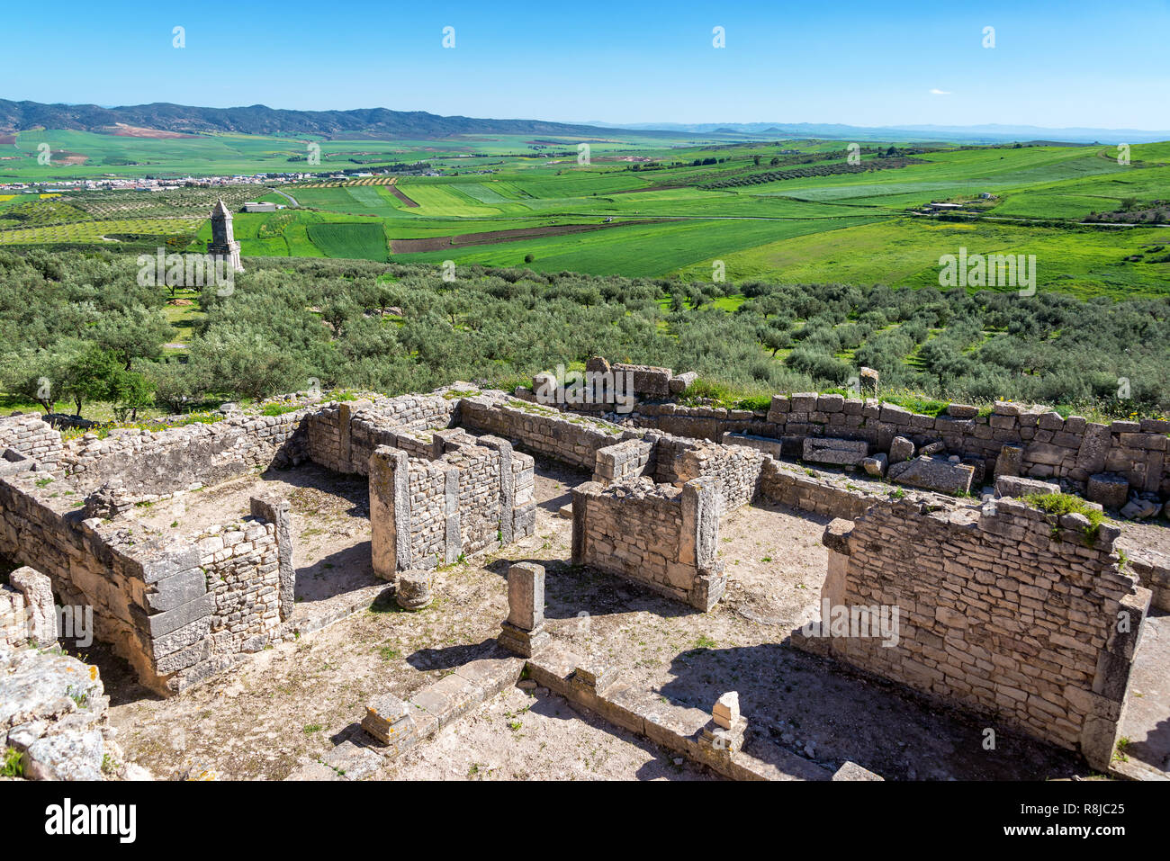 Ruins of the ancient Roman city of Dougga with lush green fields Stock ...