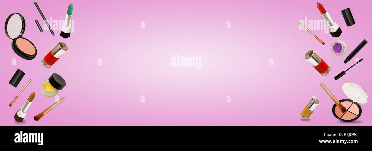 Makeup Items falling on banner template with copy space Stock Photo - Alamy