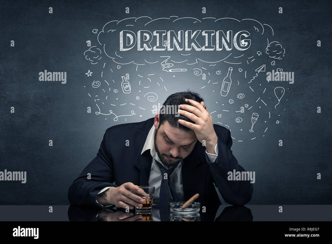 Loser drunk man with drinking, drug, hangover, alcoholic drugs concept ...