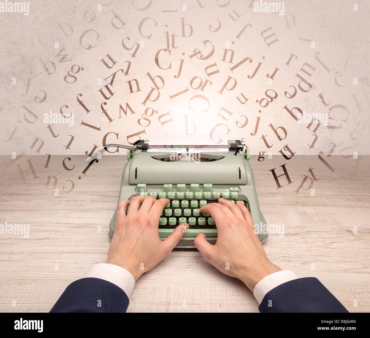 First person perspective elegant hand writing on typewriter with flying ...