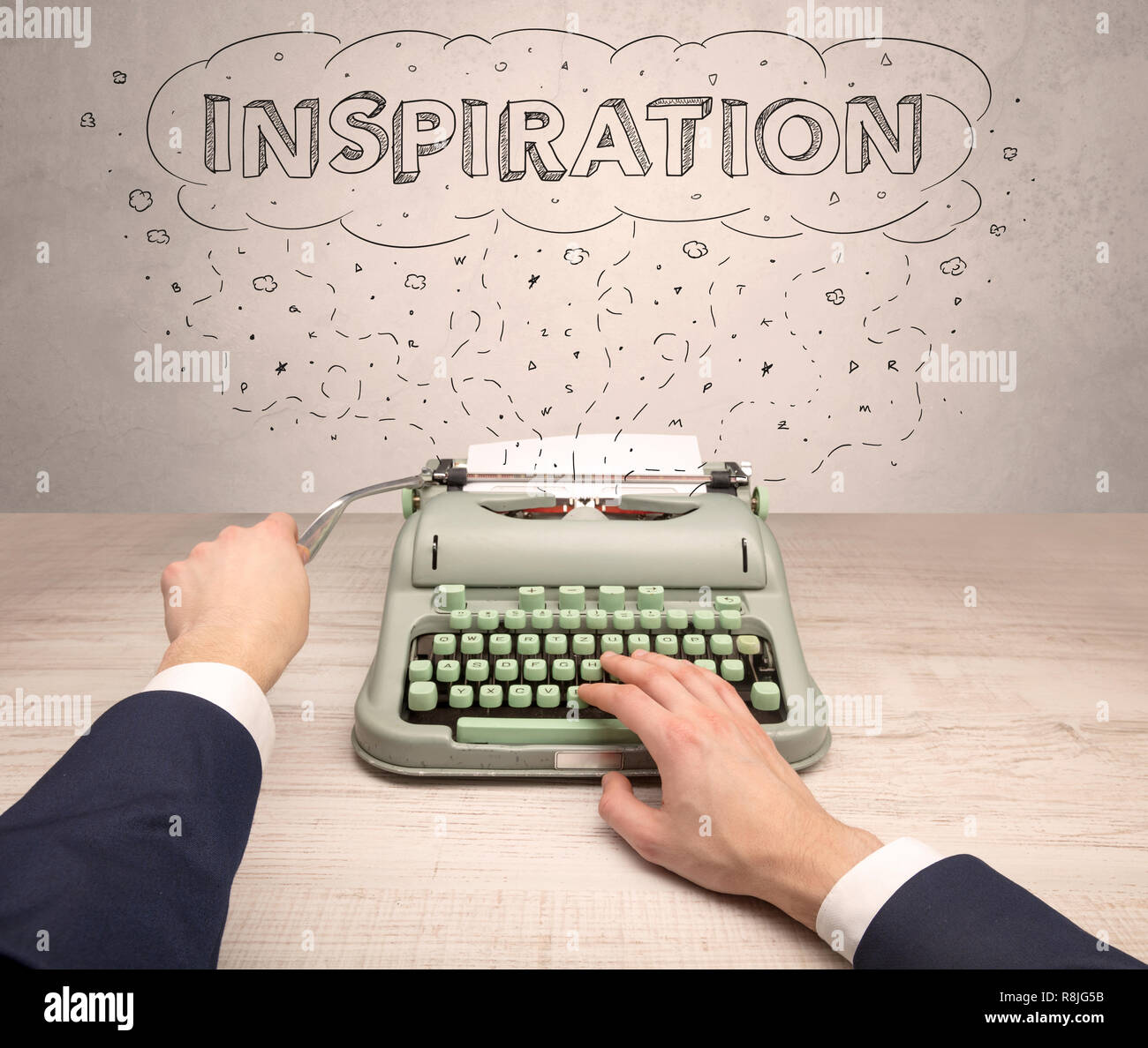 First person perspective hand writing on typewriter with cloud message ...