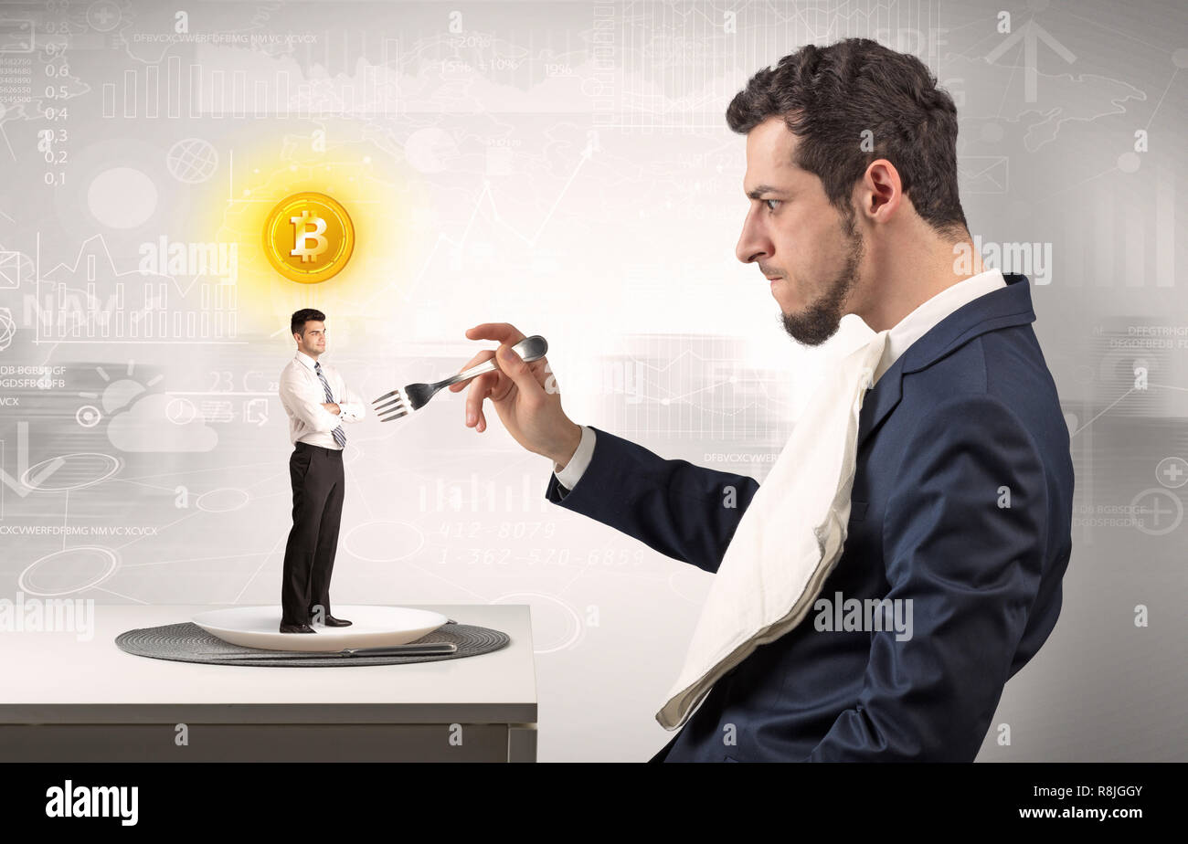 Giant businessman eating small man with financial background Stock ...