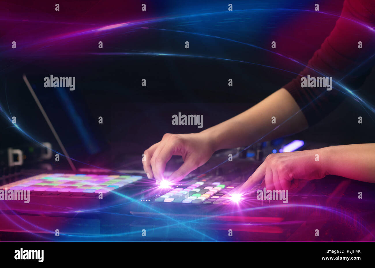 Hand mixing music on midi controller with wave vibe concept Stock Photo ...