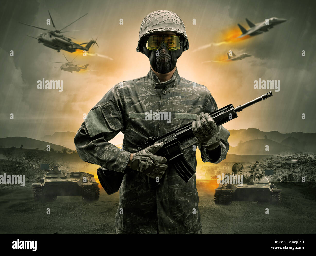 Armed soldier with sniper in the middle of a war Stock Photo - Alamy