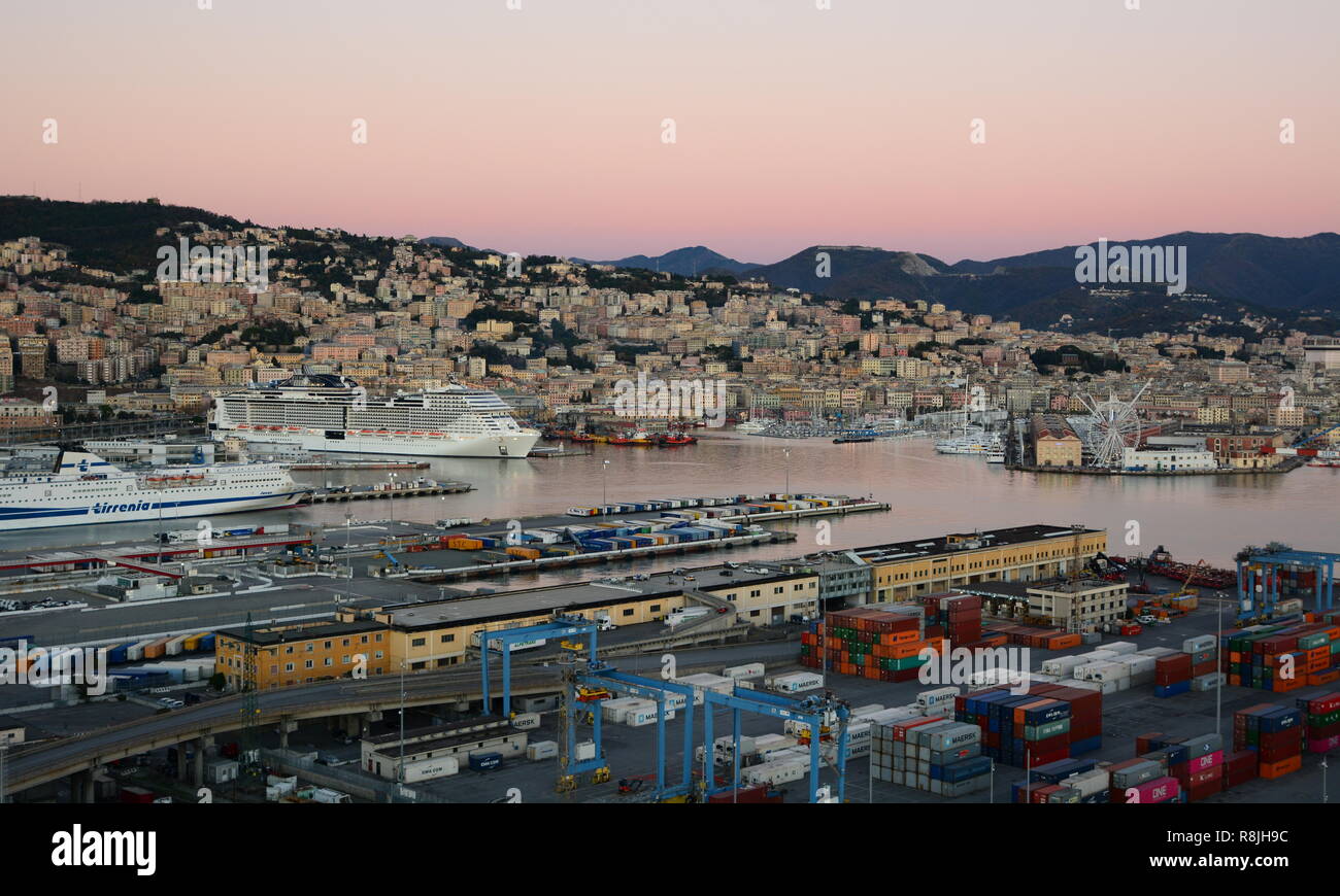 The port of Genoa at dusk. View from Lanterna, the old lighthouse ...