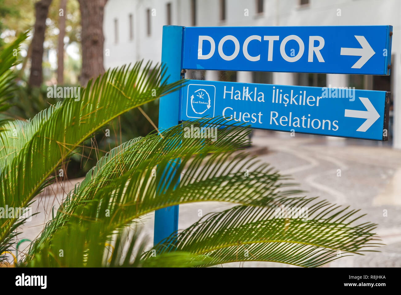 Blue signs with information about finding objects in the tourist area ...