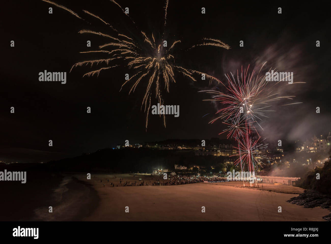 Fireworks on Porthminster beach St.ives Cornwall UK Stock Photo - Alamy