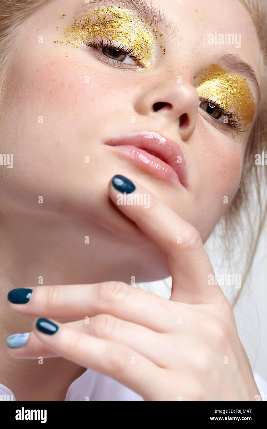 Female with appraising glance. Woman with unusual glitter glitzy vogue ...
