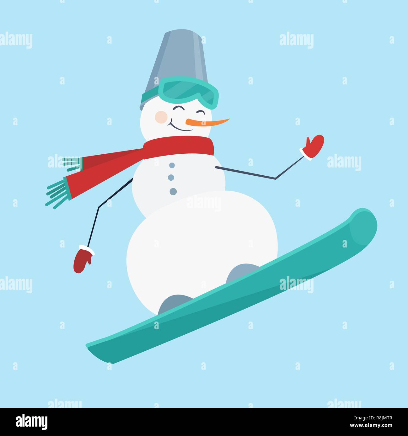 Snowman with a snowboard wearing a bright red scarf and a bucket on his ...