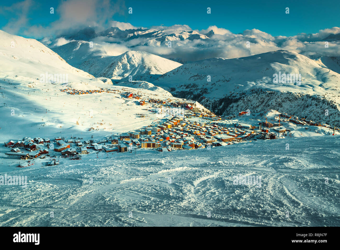 Amazing winter landscape, famous ski resort with snowy buildings and ...