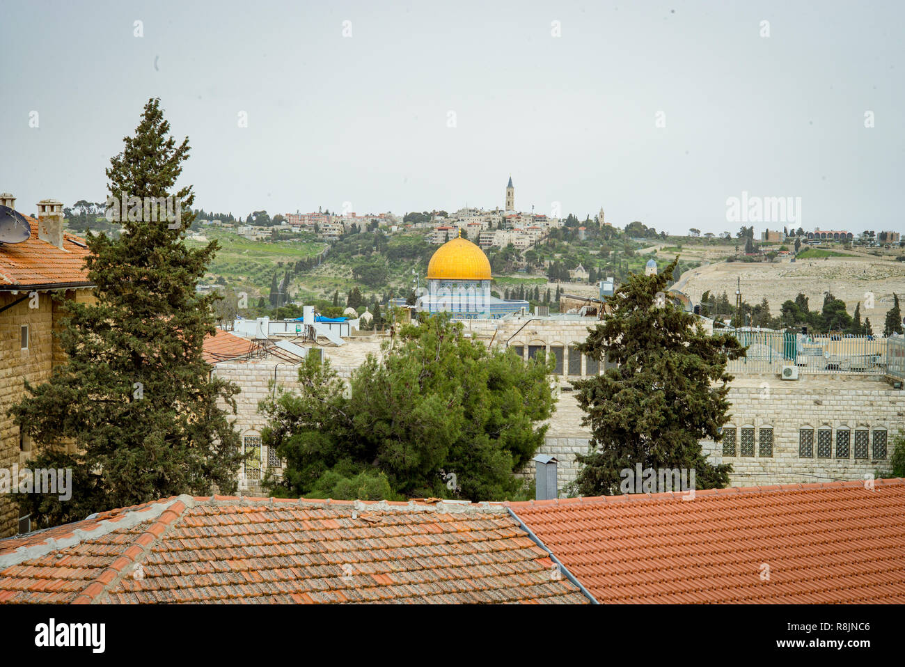 Jerusalem panoramic roof view.Holy Sepulcher Church.Old town market ...