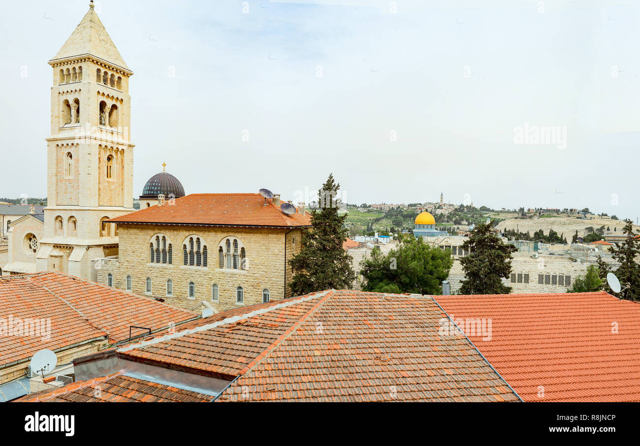 Jerusalem panoramic roof view.Holy Sepulcher Church.Old town market ...