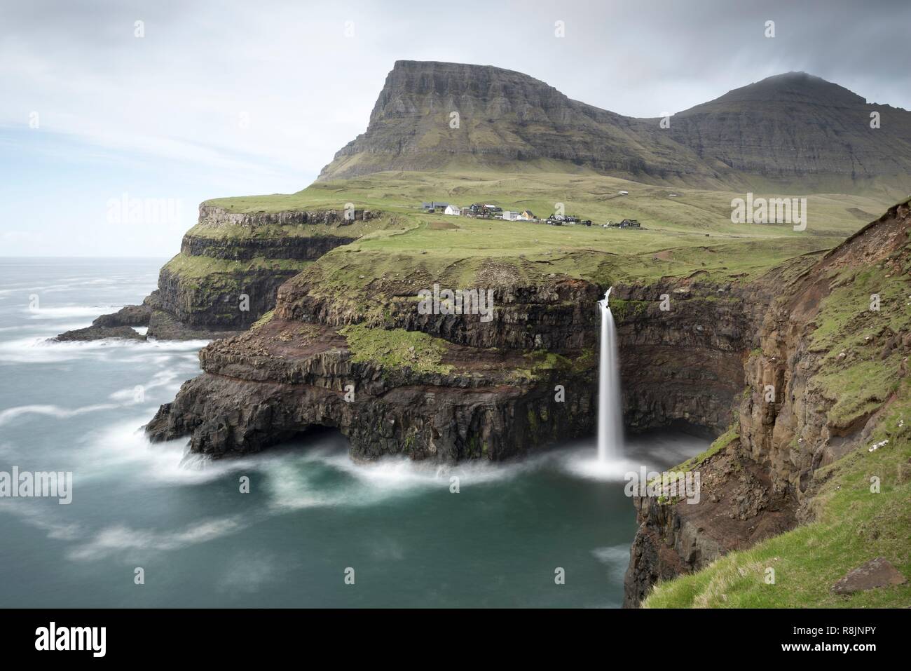 Denmark, Faroe Islands, Vagar Island, Gasadalur, village and Mulafossur ...