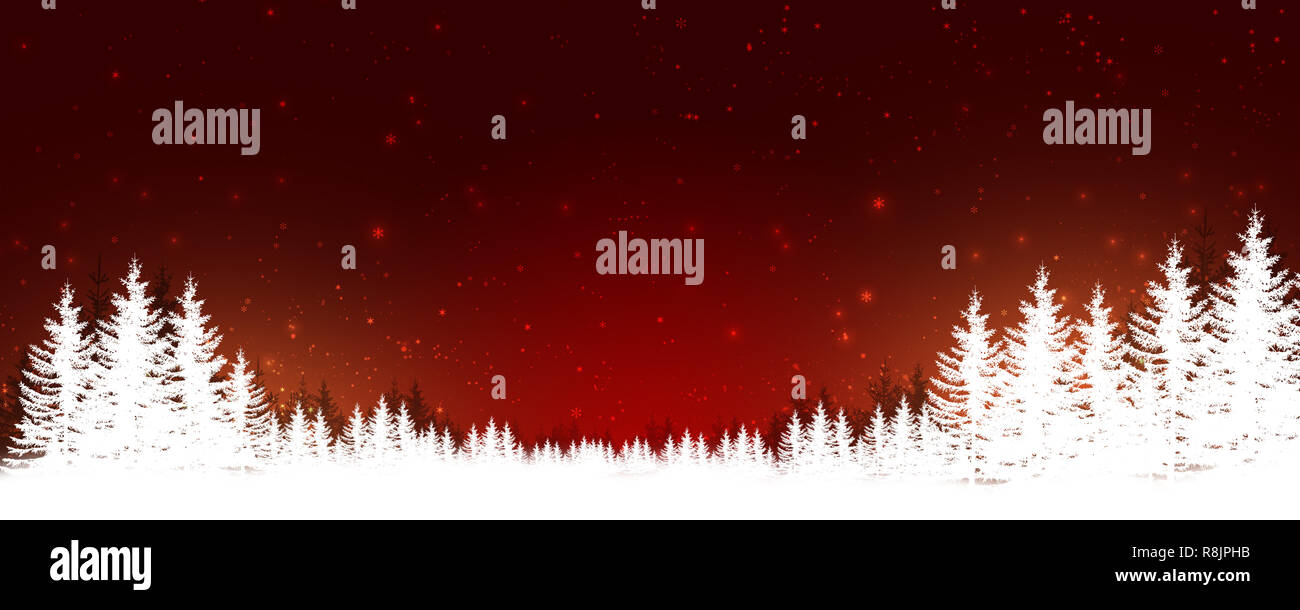 winter magic forest red background with snow, trees and lights Stock ...