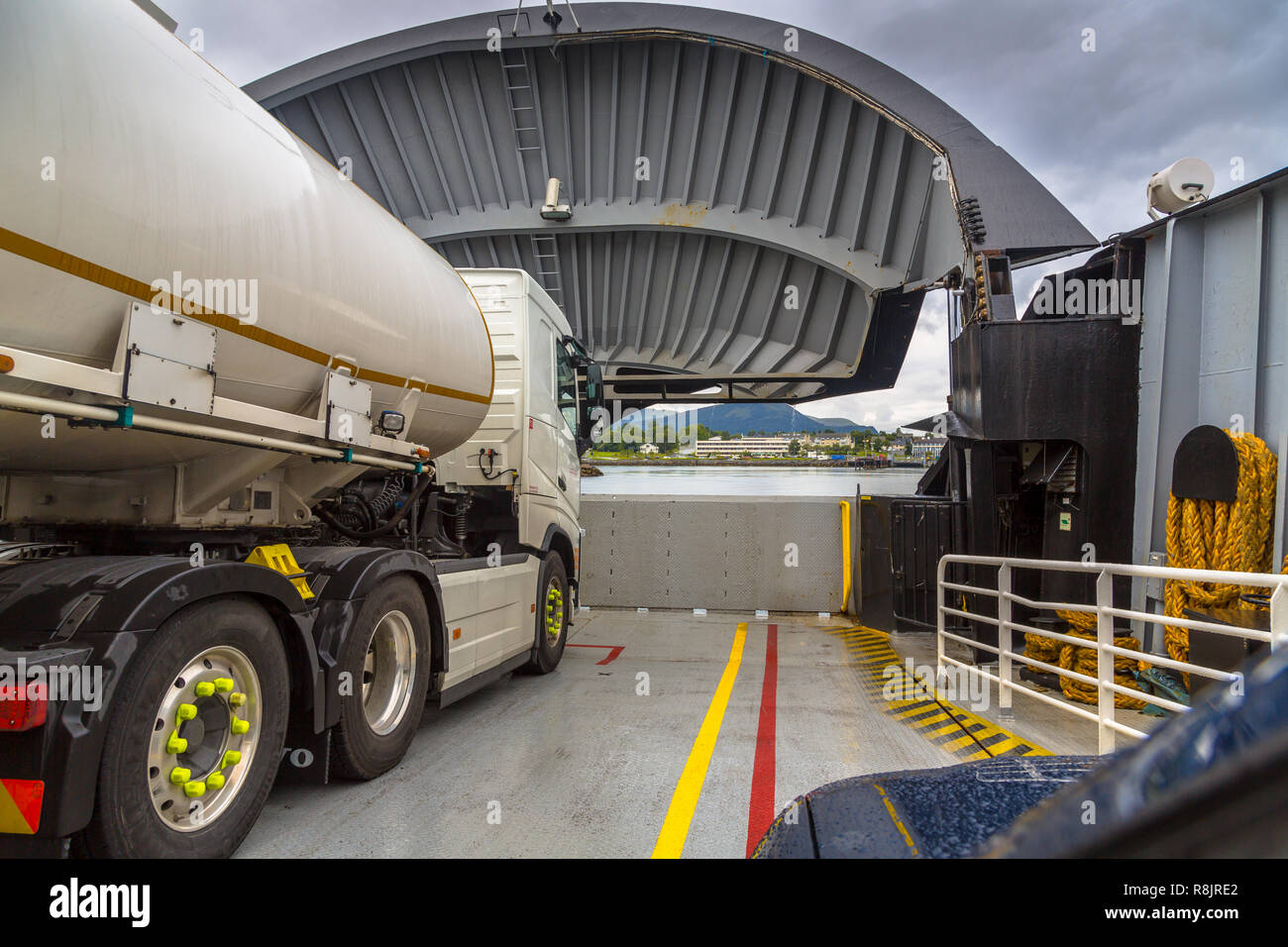 View from the car deck of a ferry on a Norwegian fjord while the boat ...