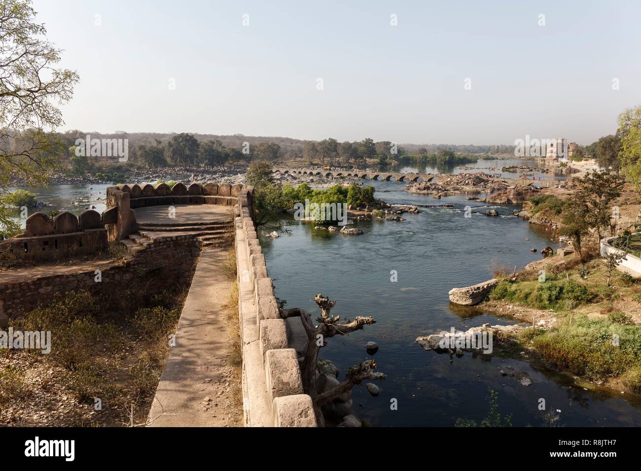 India, Madhya Pradesh, Orchha, Betwa river from the Raja Mahal ramparts ...