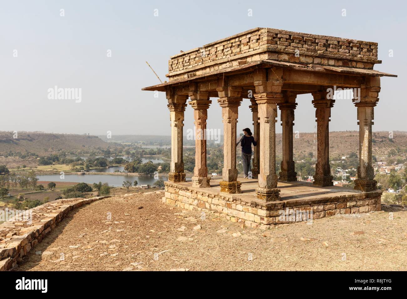 India, Madhya Pradesh, Chanderi, view on the lakes from Baradari temple ...
