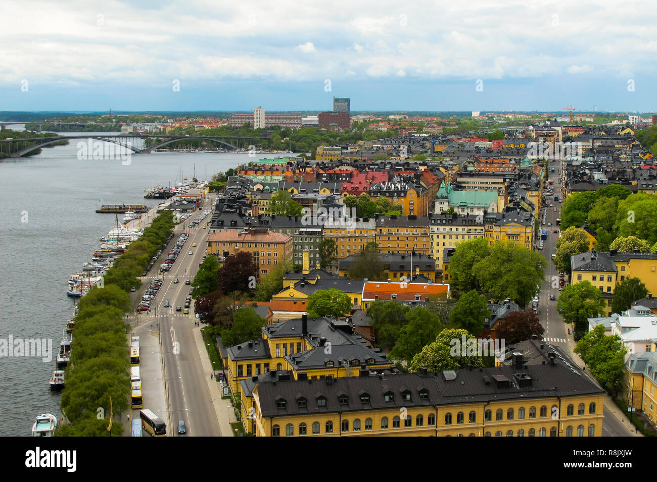 Sweden Stockholm. View of the cityscape, roads, bridges and pier with ...