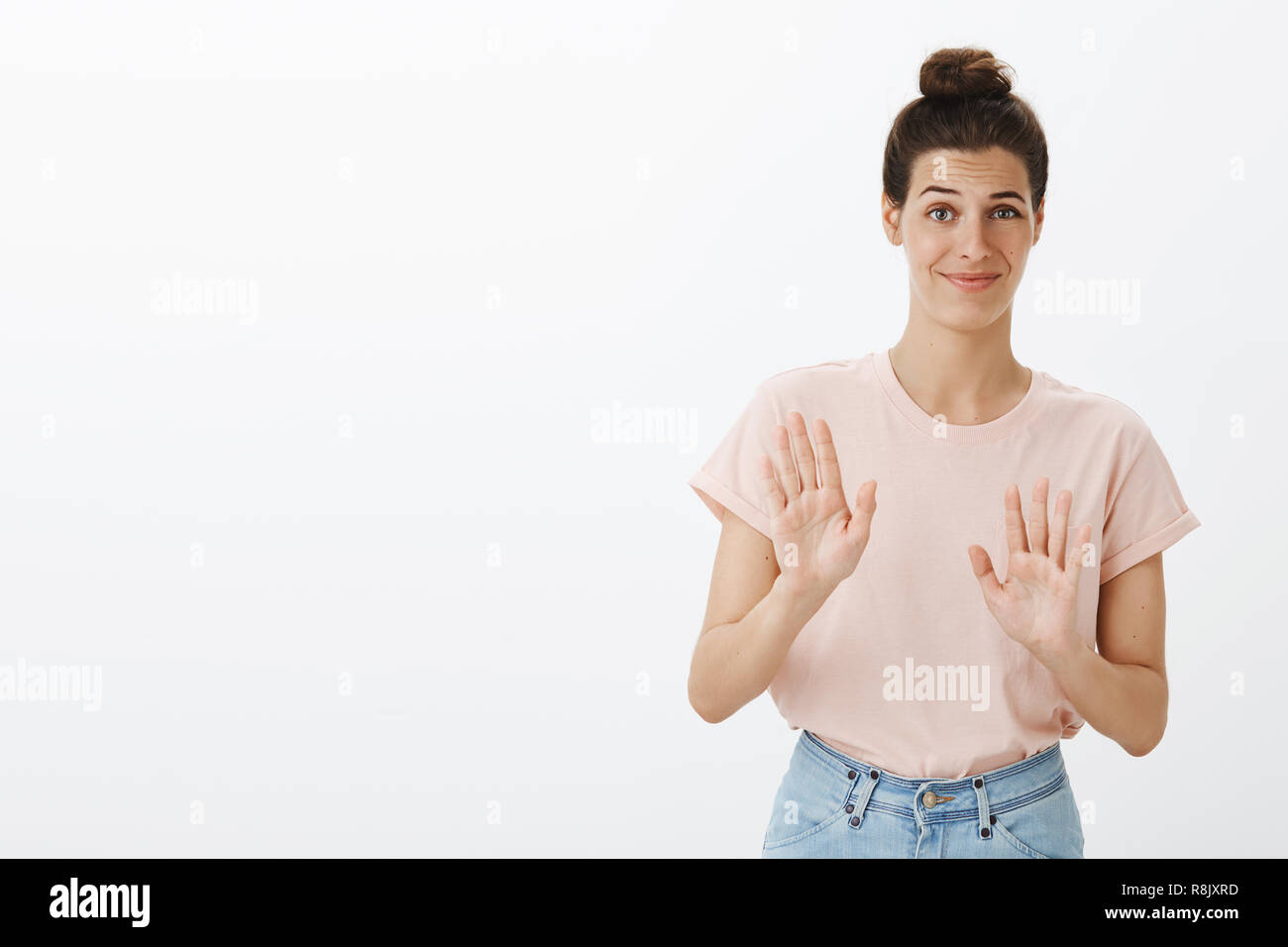 I better refuse. Intense displeased and awkward young attractive woman ...