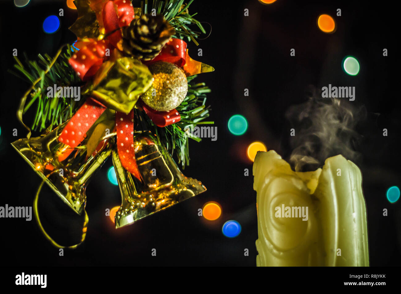 Christmas candles. The smoke from the extinguished fire candles on the ...