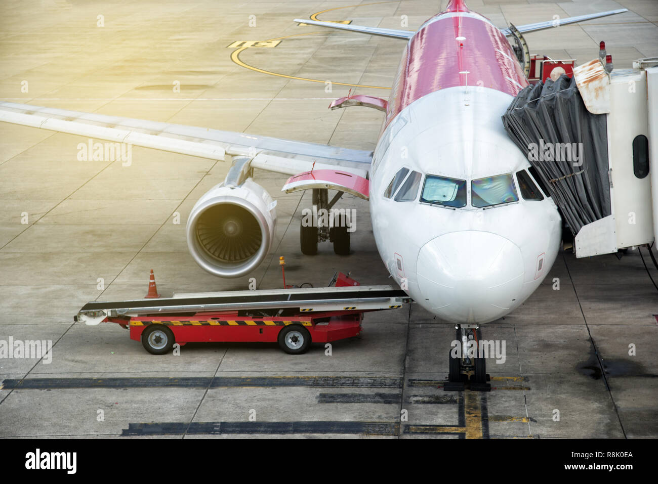 Airplane in airport serviced by the ground crew. Loading cargo into the ...