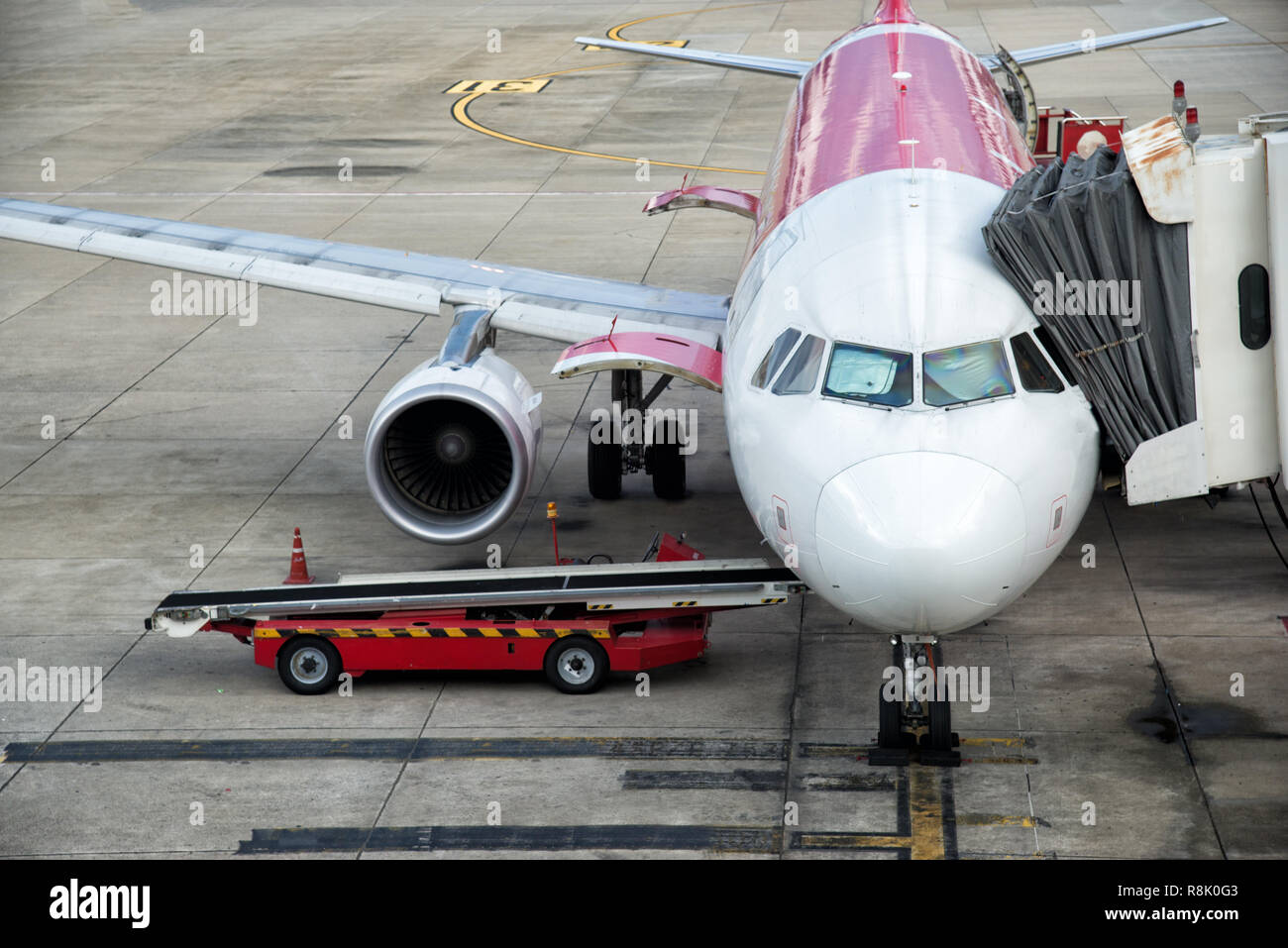 Airplane in airport serviced by the ground crew. Loading cargo into the ...