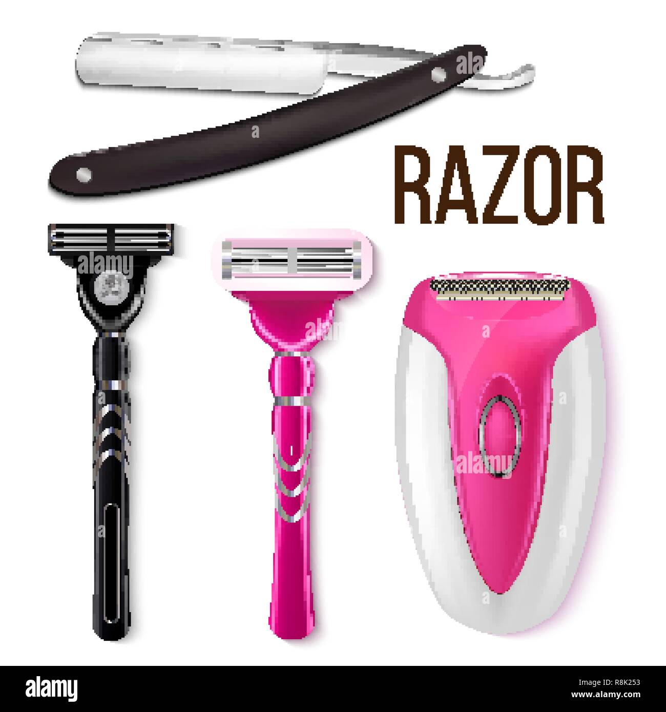 Razor Set Vector. Male, Female Smooth Razor Mockup. Electric Shaver And ...
