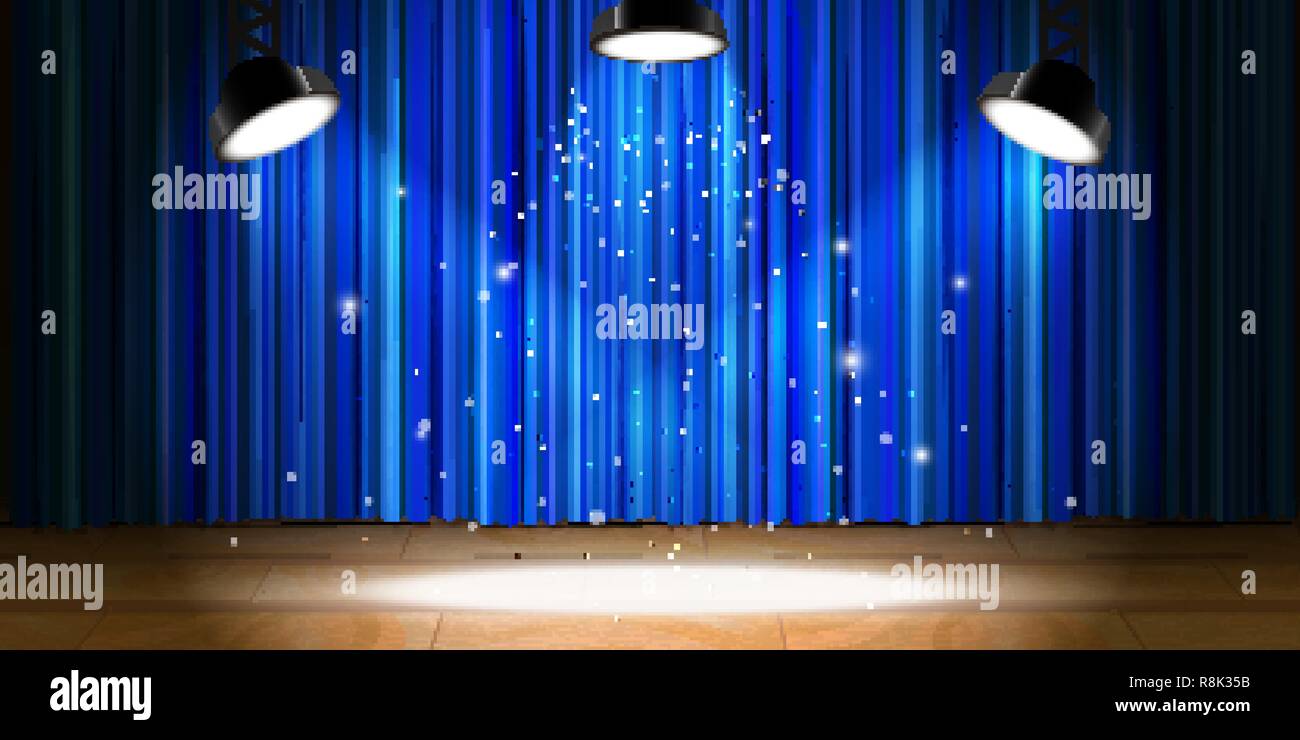 Bright empty beige wooden stage with blue drape and bright light Stock ...
